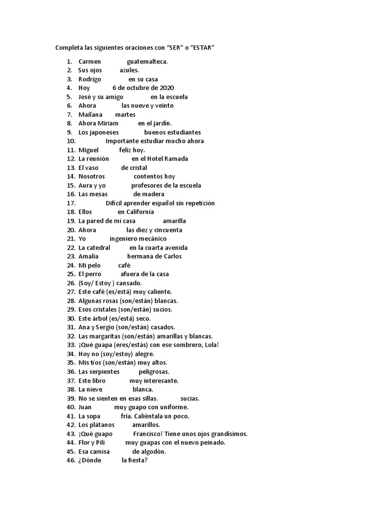 Completa Las Siguientes Oraciones Con Ser y Estar | PDF Completa Las Siguientes Oraciones Con Ser y Estar | PDF