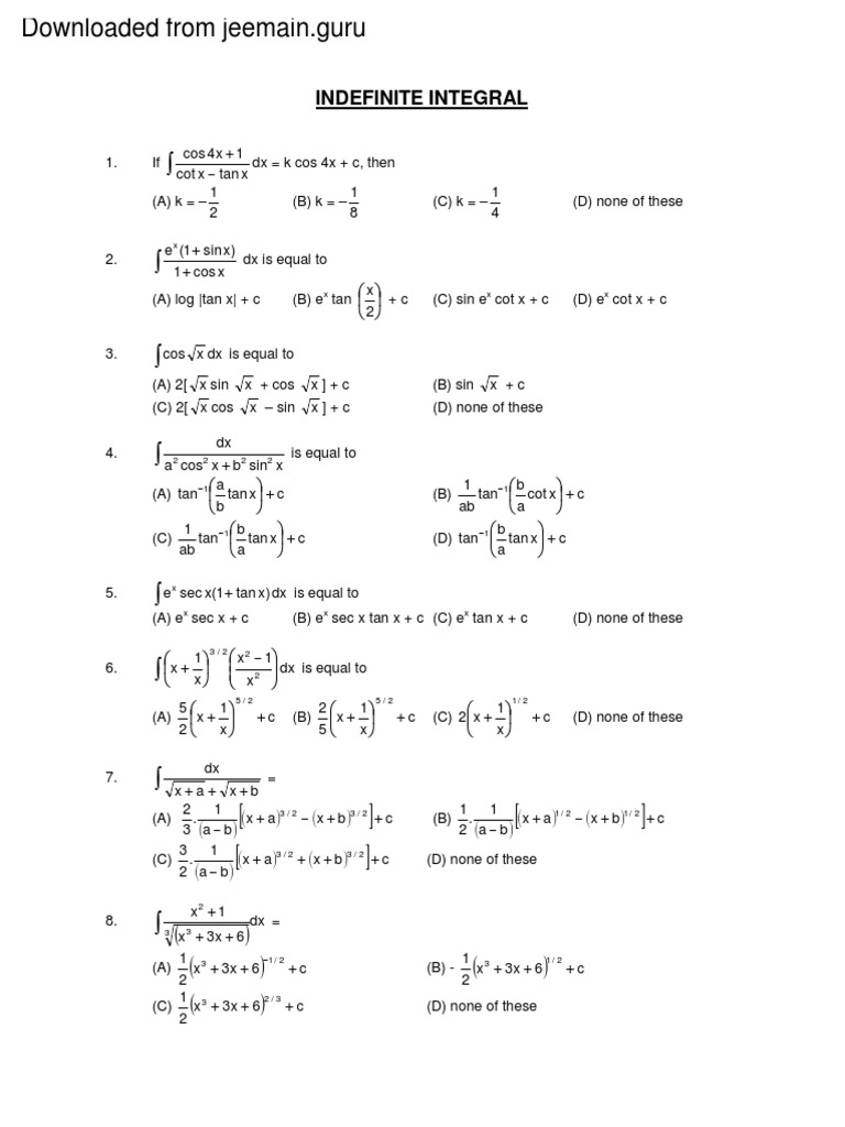 Indefinite Integral Practice Questions | PDF