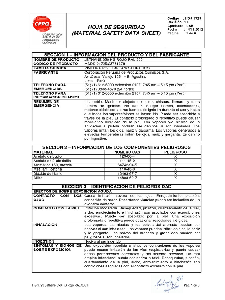 MSDS Pintura RAL 3001 | PDF | Agua | Combustión