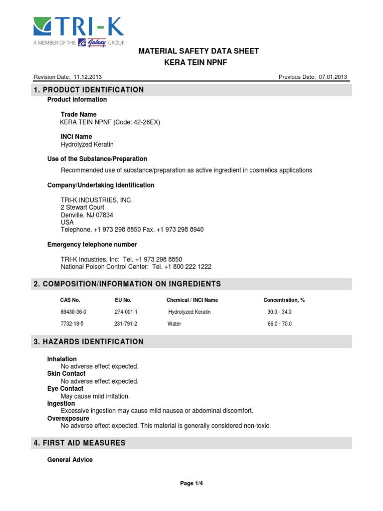 Kera Tein NPNF (42-26EX) - MSDS - v1 | PDF | Personal Protective ...