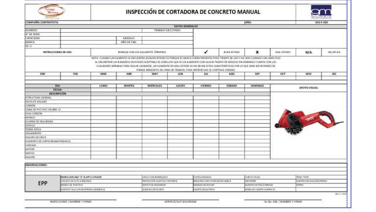 Check List Cortadora Concreto Manual | PDF