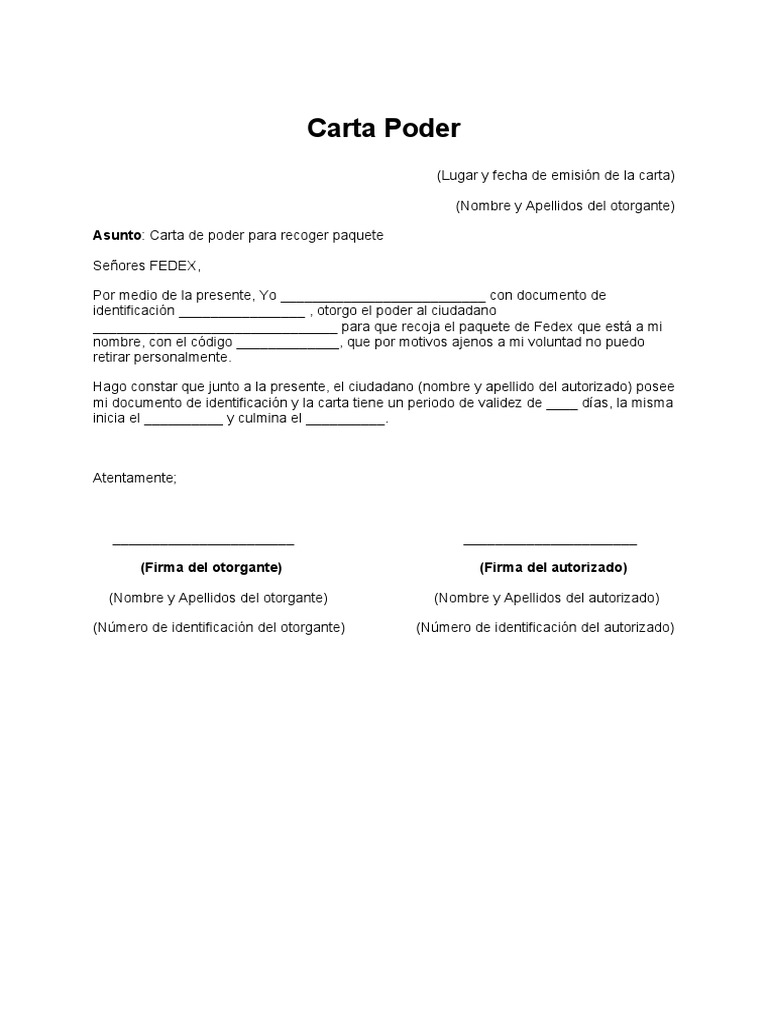Carta Poder Para Recoger Un Paquete En Fedex Pdf
