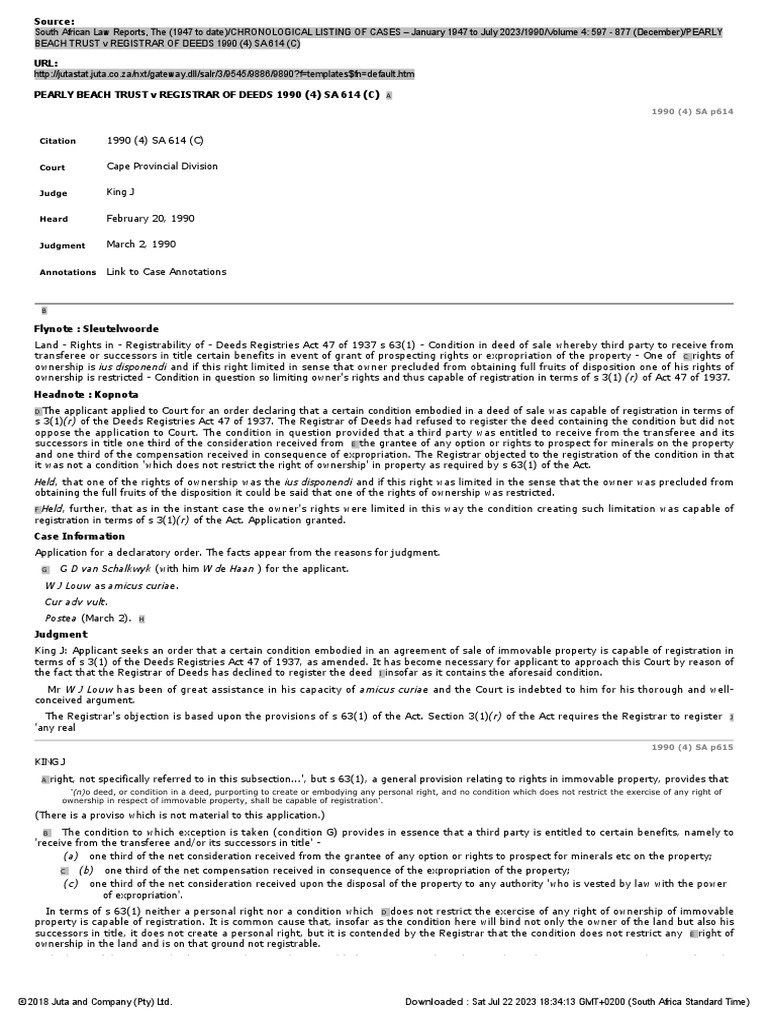 Pearly Beach Trust V Registrar of Deeds 1990 (4) Sa 614 (C) | PDF ...