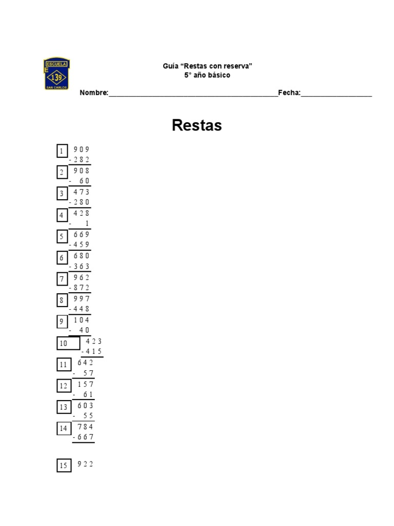 Ejercicios de restas con reserva 5° básico | PDF | Tecnología