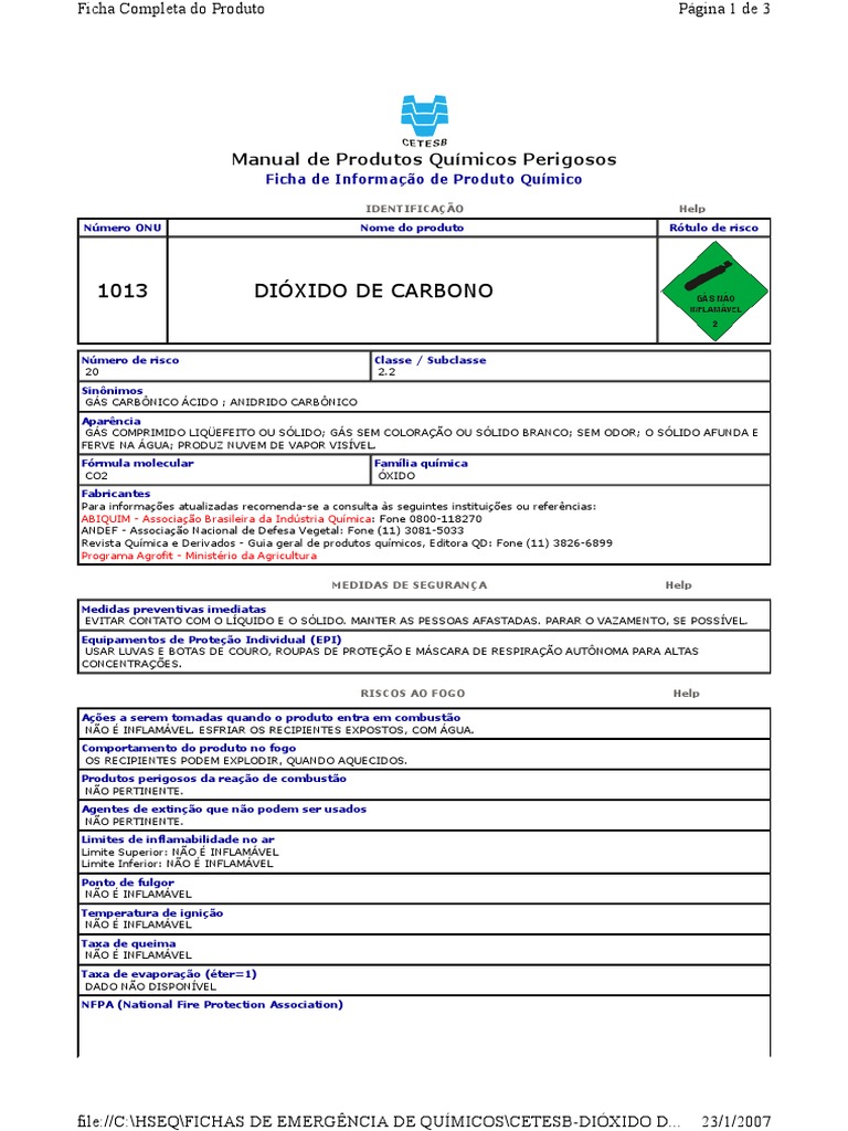 1013 Dióxido de Carbono: Manual de Produtos Químicos Perigosos | PDF ...