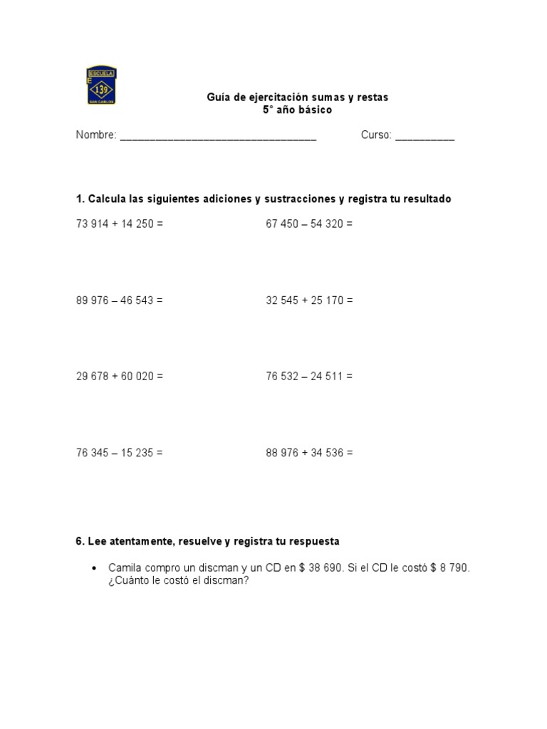 Guía de ejercitación sumas y restas 5° | PDF