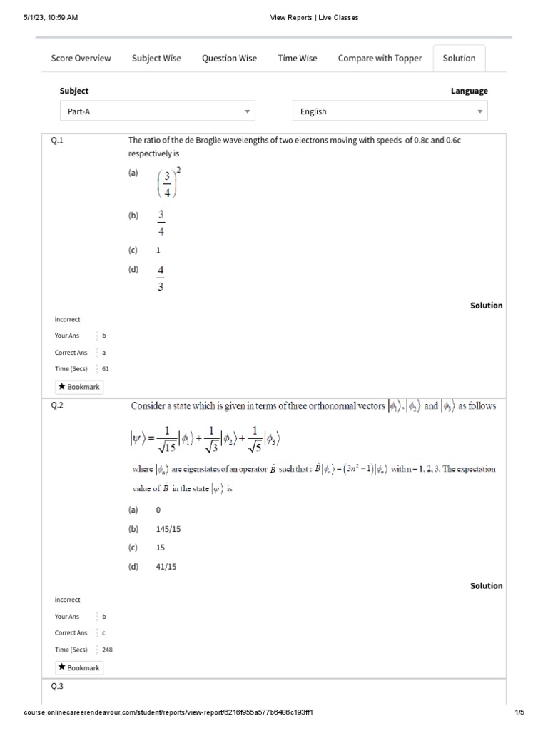 Score Overview Subject Wise Question Wise Time Wise Compare With Topper Solution | PDF | Wave ...