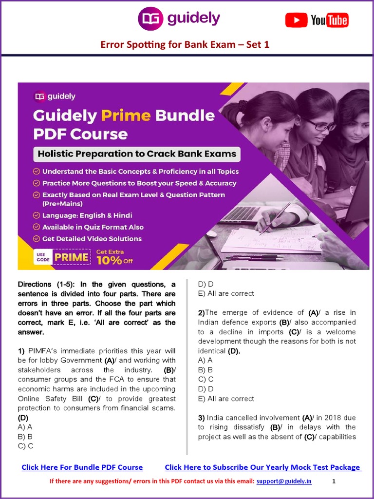 Error Spotting For Bank Exam - Set 1 | Download Free PDF | Verb | Adverb