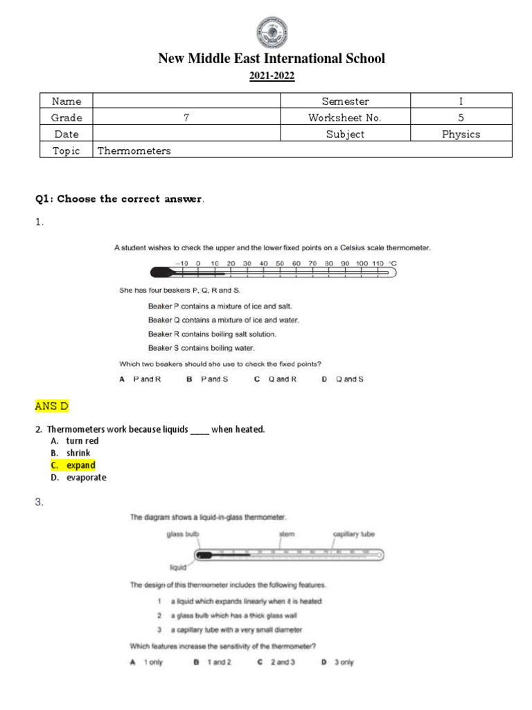 Grade 7 Ch-6 Thermometers Solved Worksheet | PDF | Temperature | Thermometer