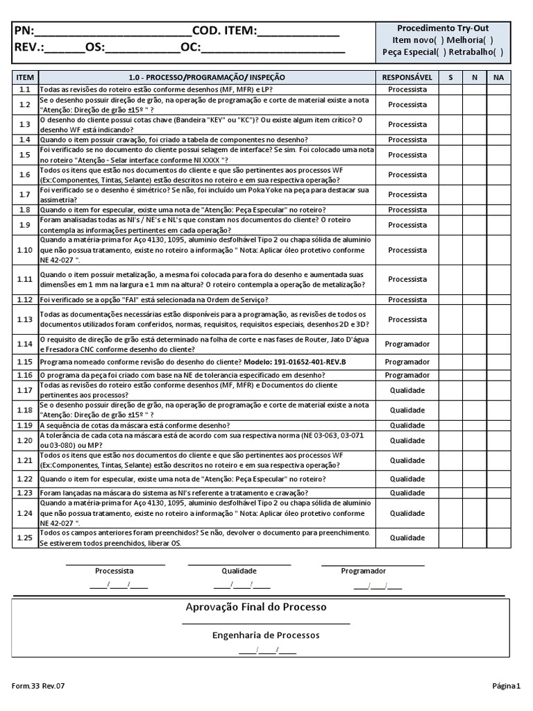 Form. 33 CLF (Check List FAI) Rev. 07 | PDF | Setor secundário da economia