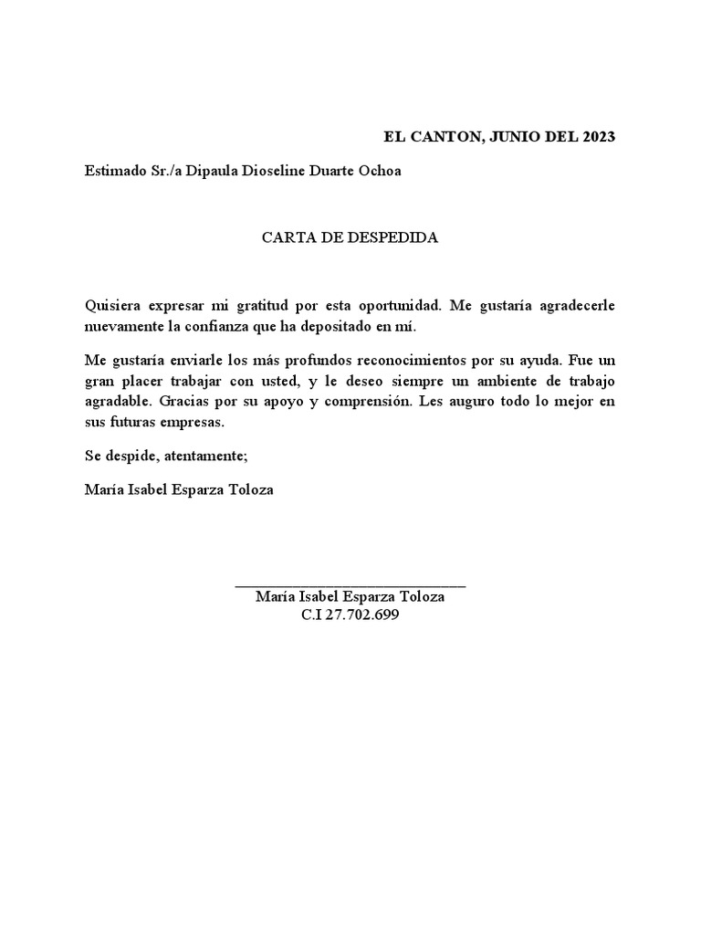 Ejemplo de Modelo Despedida de Agradecimiento en Una Carta Formal Para ...