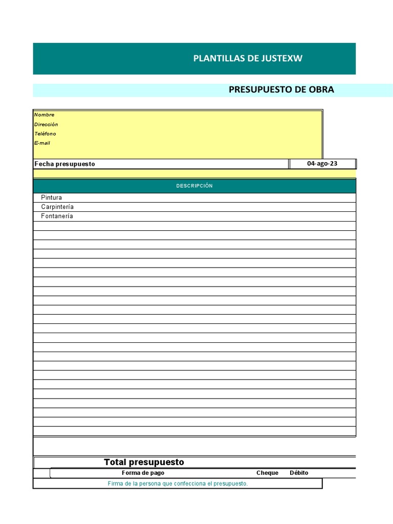 Plantilla Excel Presupuesto de Obra | PDF