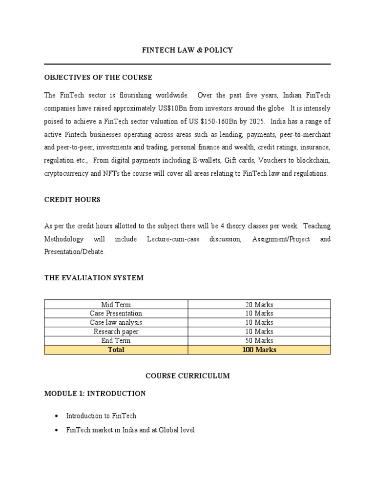 Fintech Law & Policy Course Outline | PDF | Reserve Bank Of India | Service Industries