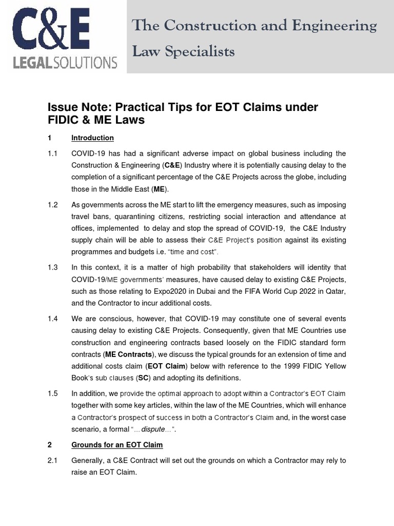 Issue Note Practical Tips For EOT Claims Under FIDIC ME Laws | PDF ... Issue Note Practical Tips For EOT Claims Under FIDIC ME Laws | PDF ...