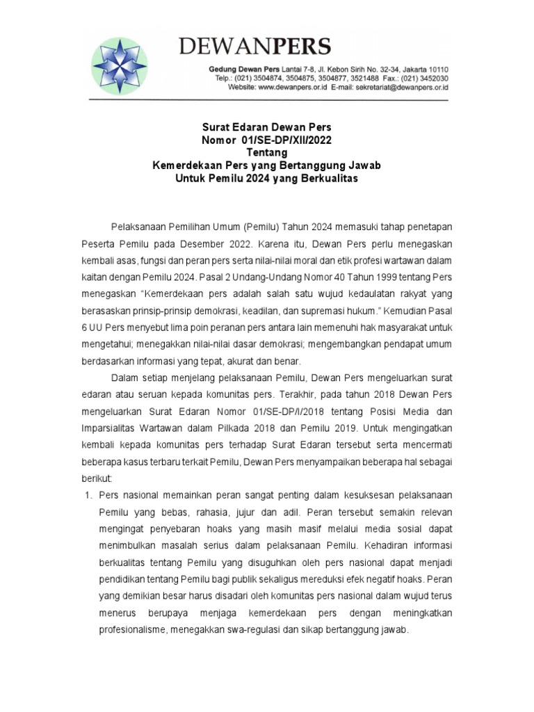 01-Surat Edaran Dewan Pers Tentang Pemilu 2022 | PDF