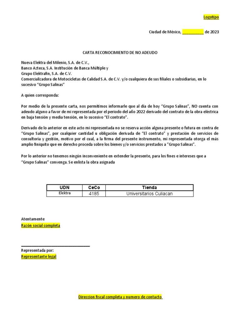 Carta de No Adeudo de Banco Azteca | PDF