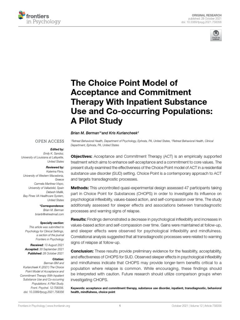 The Choice Point Model of Acceptance and Commitment Therapy With Inpatient Substance Use and Co ...