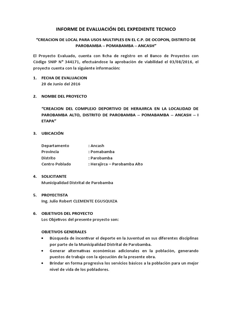 Informe de Evaluación Del Expediente Tecnico | PDF | Presupuesto | Hormigón