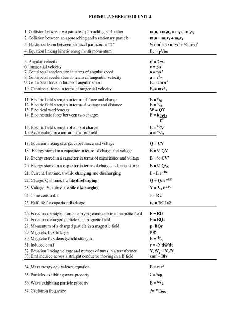 Unit 4 Formula Sheet | PDF | Capacitance | Capacitor