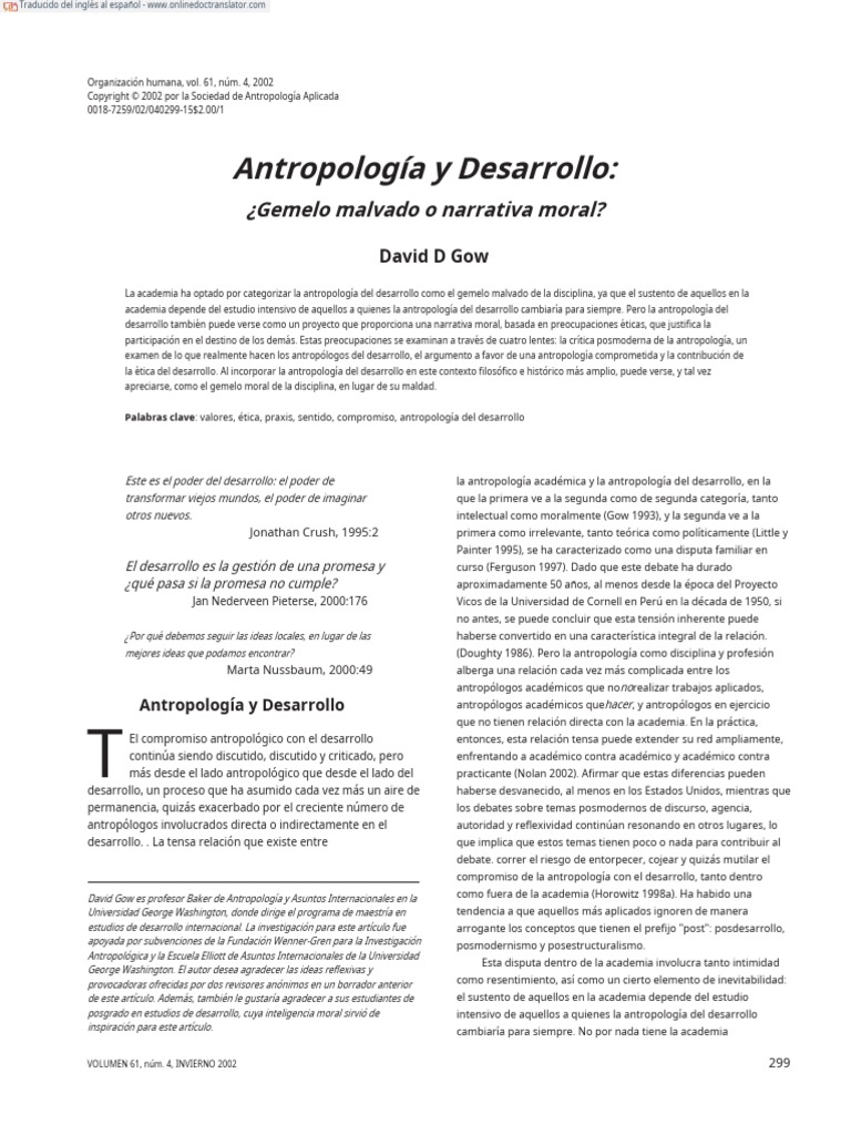 David Gow. Antropología y Desarrollo | PDF | Antropología | Conocimiento