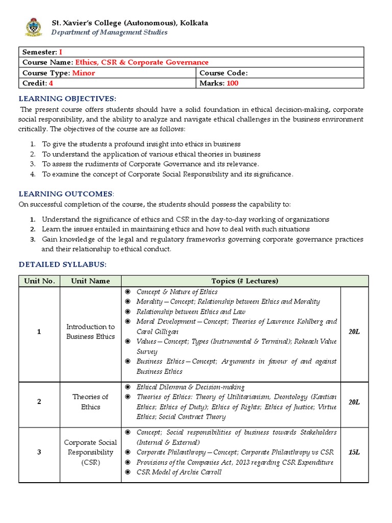 Ethics CSR Corporate Governance | PDF | Corporate Social Responsibility ...