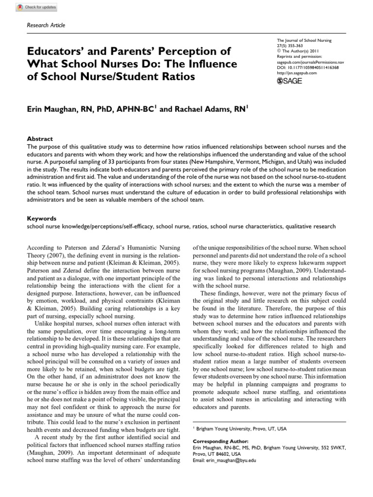 Educators' and Parents' Perception of What School Nurses Do, The ...