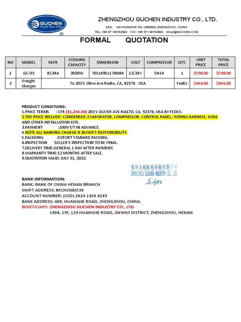 GUCHEN GC-03 Quotation - QUOTE | PDF