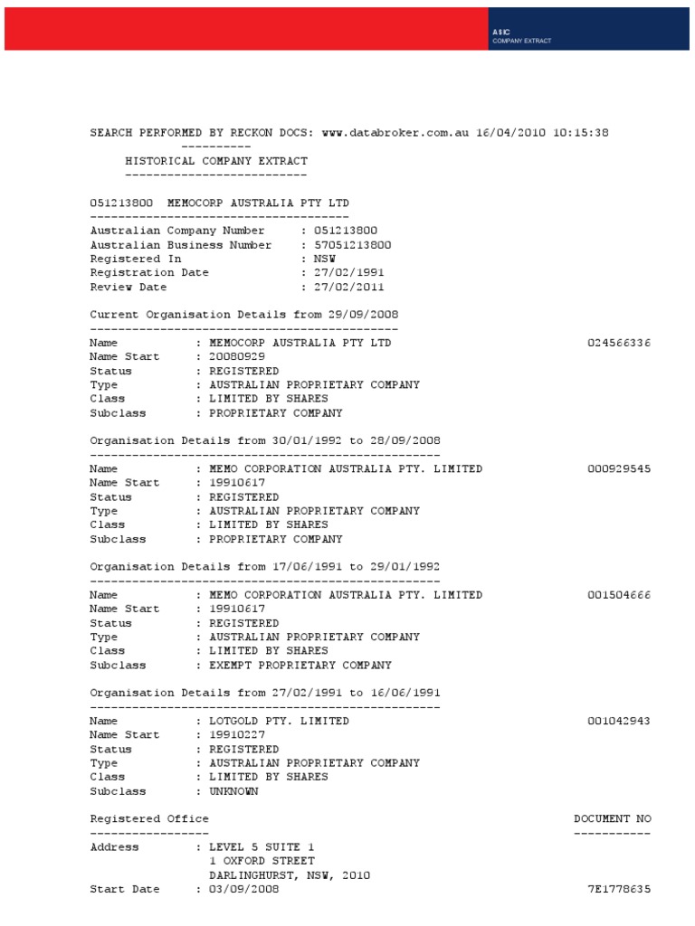 Memo Corporation Australia Company Extract | PDF | Corporate Law ...