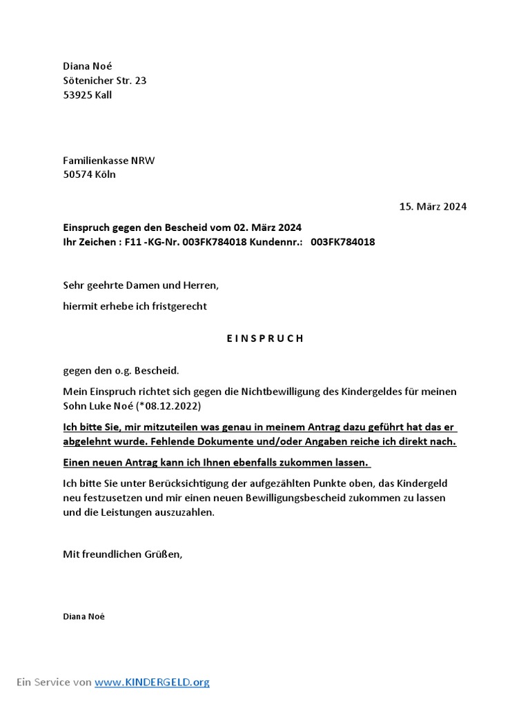 Muster Vorlage Kindergeld Einspruch | PDF