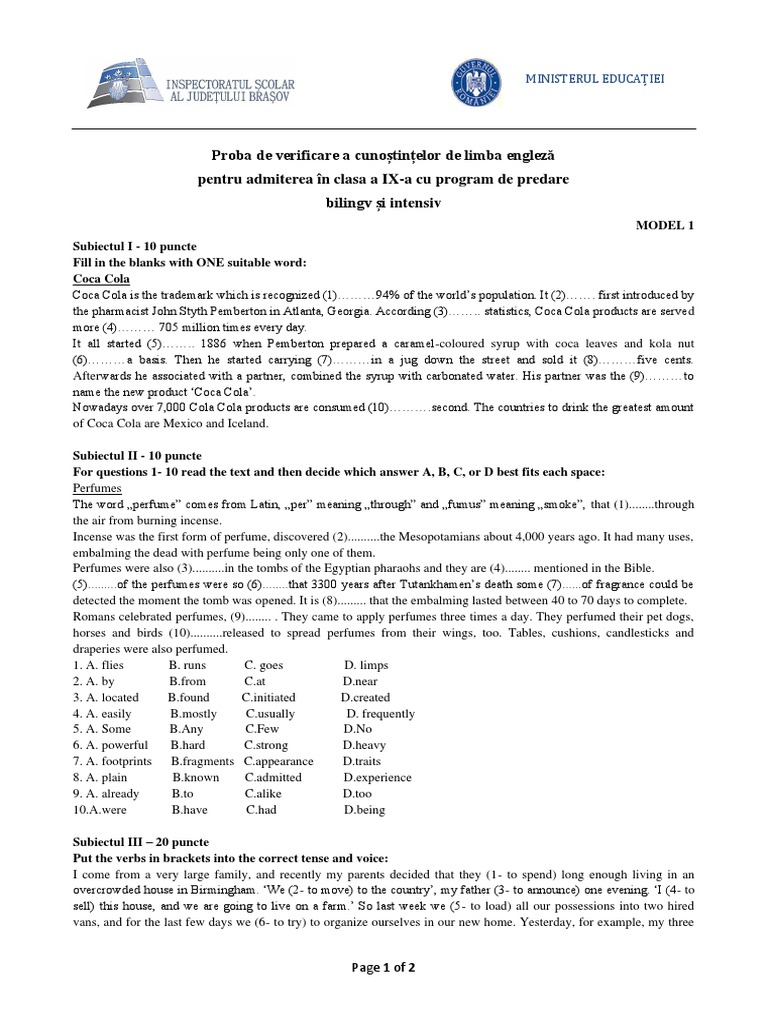Proba-Scrisa Model-1 Engleza | PDF | Cola