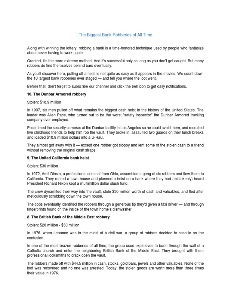 The Biggest Bank Robberies of All Time | PDF | Bank Robbery | Robbery