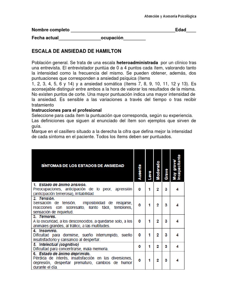 Escala de ansiedad de Hamilton | PDF
