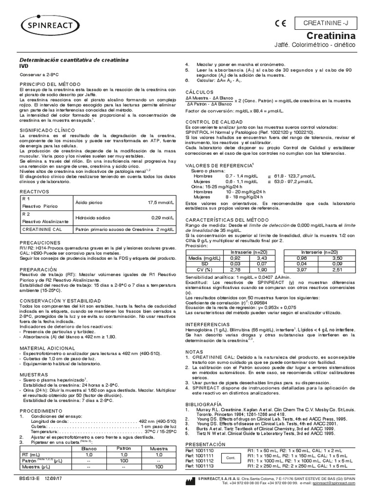 Inserto Spinreact Creatinina | PDF | Creatinina | Química