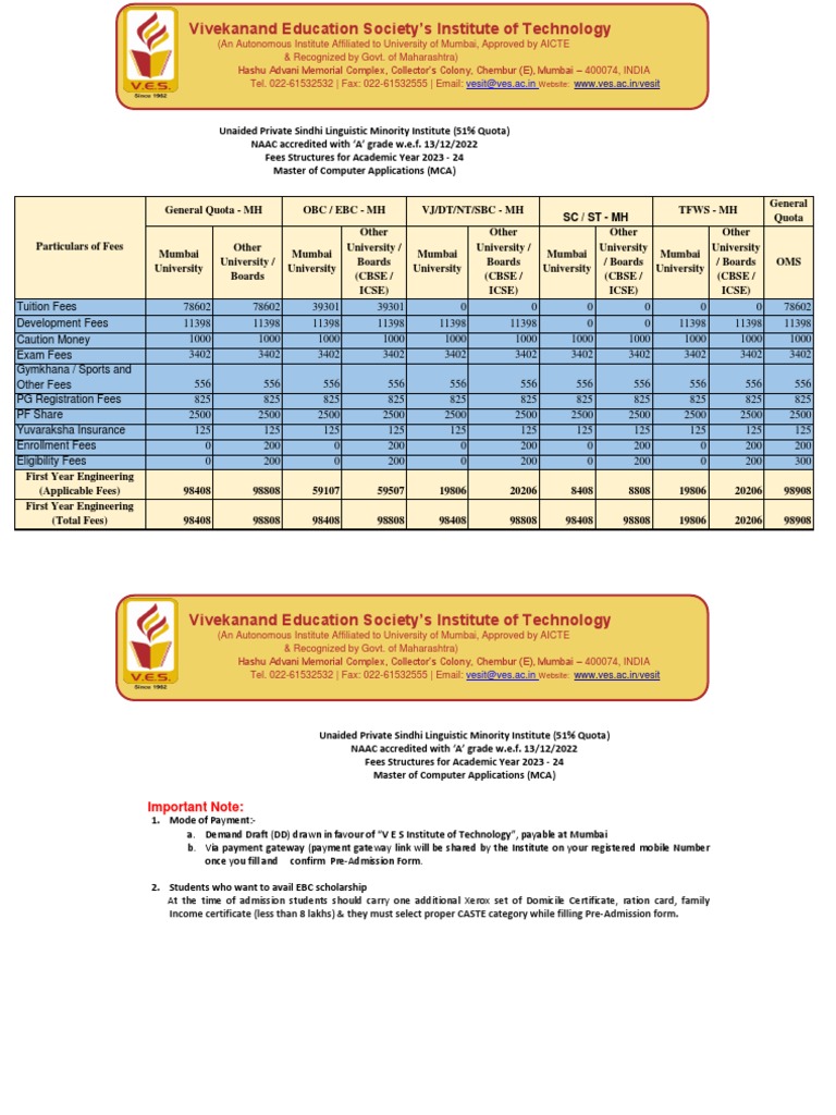 Fee Mca 2023-24 | PDF | Educational Stages
