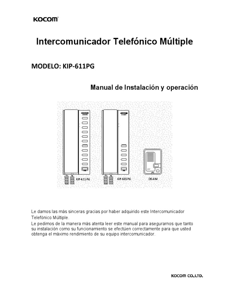 Kocom Manu KIP605-611PG Intercom Espa | PDF