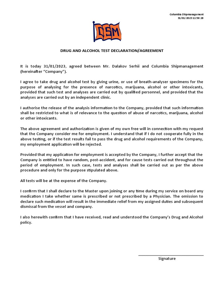 Drug and Alcohol Declaration | PDF | Drugs | Alcoholic Beverages