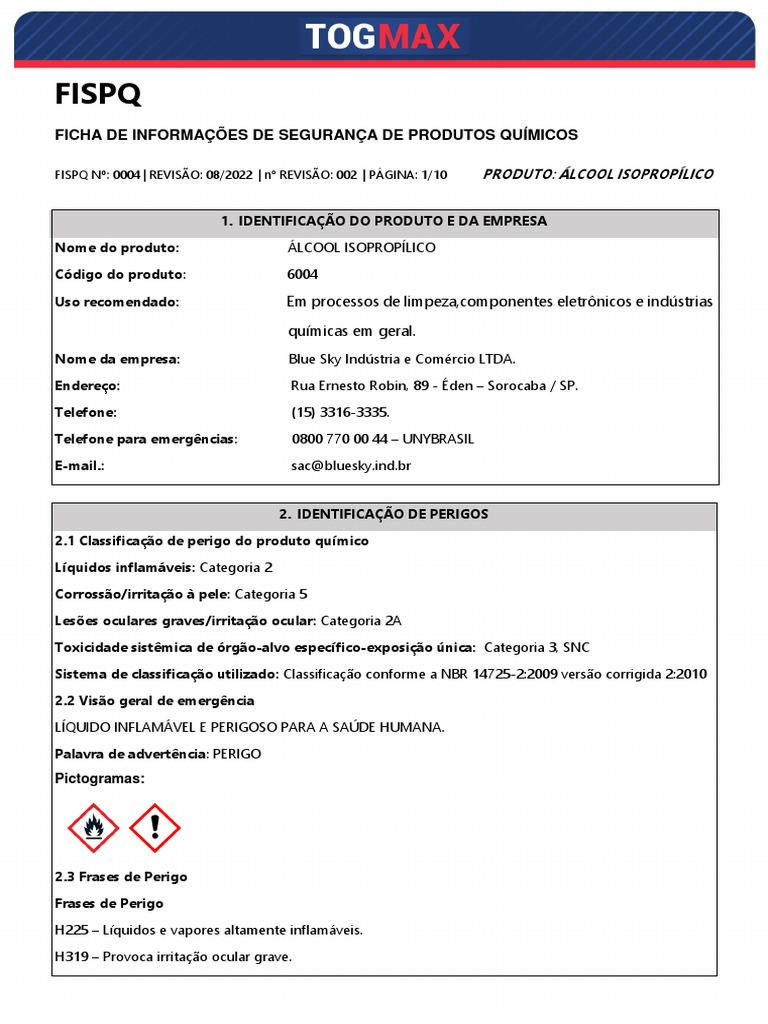 Álcool Isopropílico Togmax Rev. II | PDF | Solubilidade | Combustão