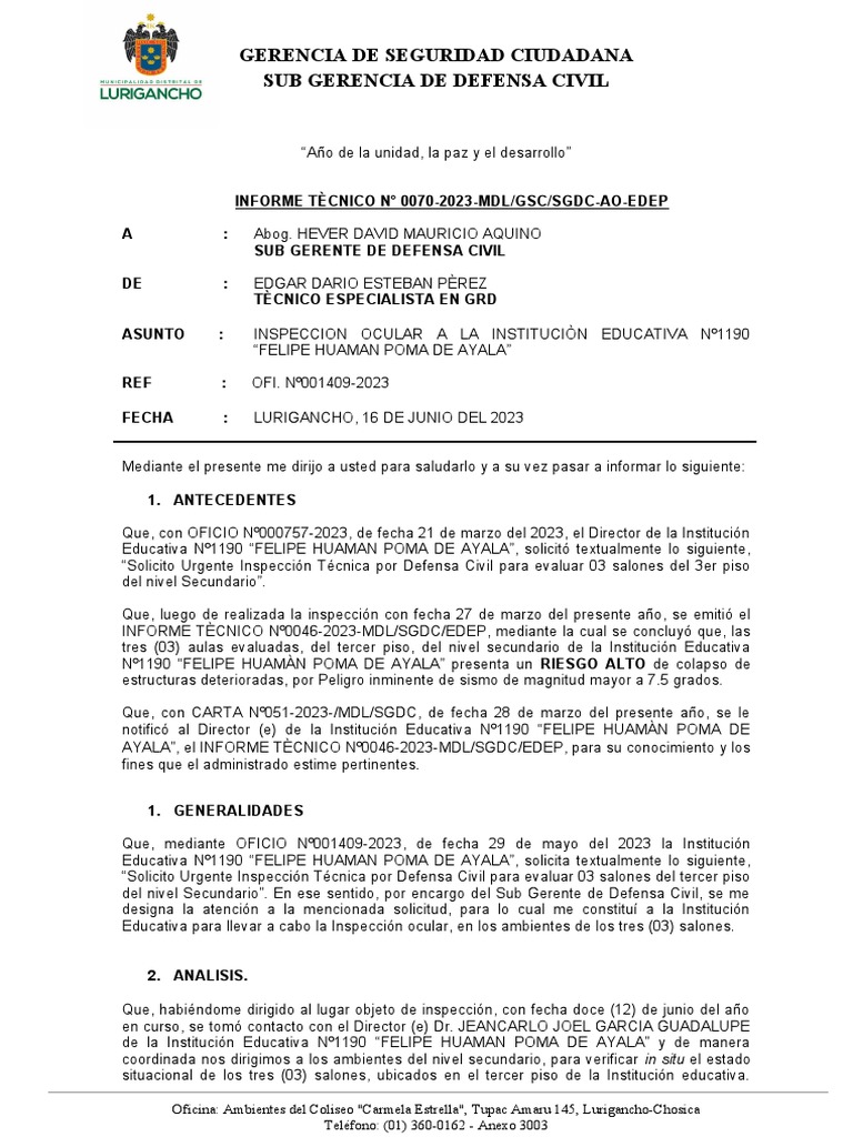 Informe Tecnico N°070 - I. E. Huaman Poma Parte 2 | PDF