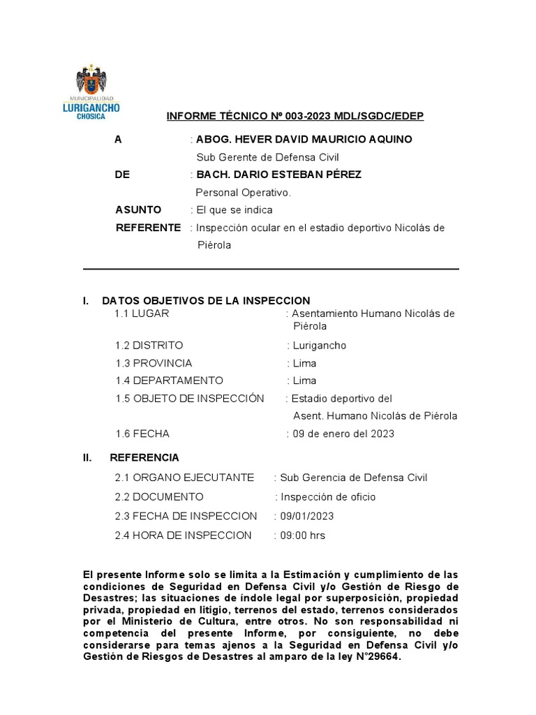 Informe 003 2023 Estadio Nicolas De Pierola Pdf