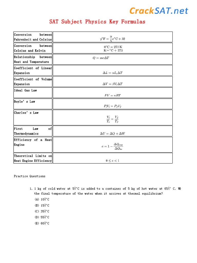 SAT Subject Physics Key Formulas | PDF | Gases | Orbit