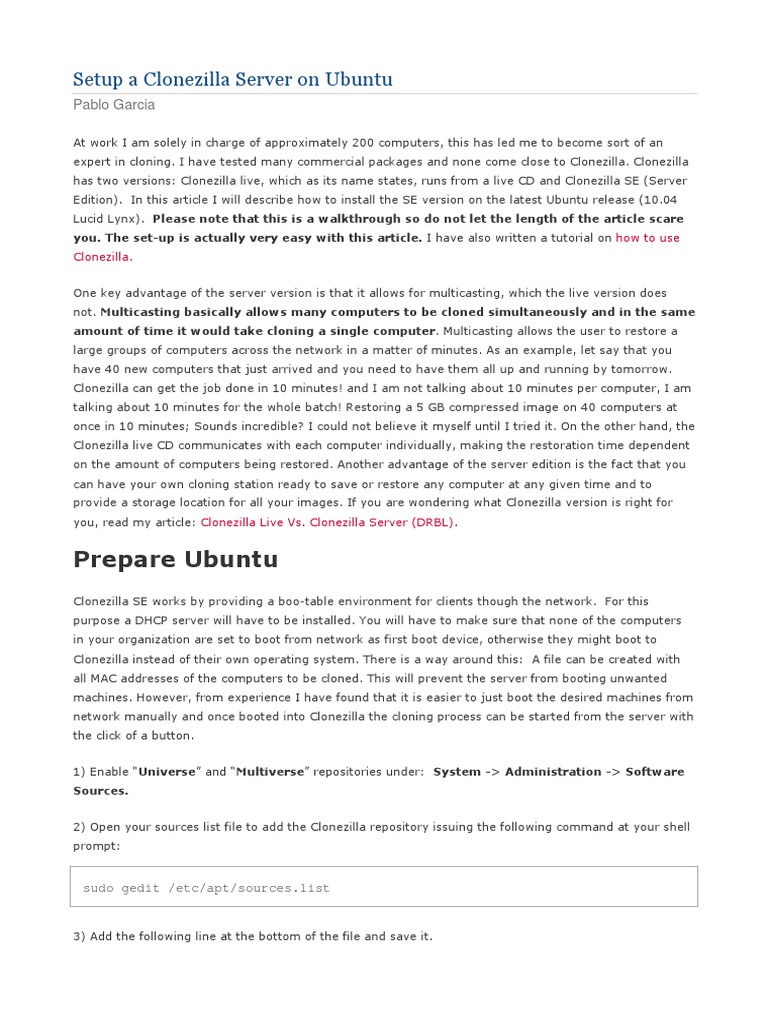 Clonezilla Server | PDF | Ip Address | Computer Network