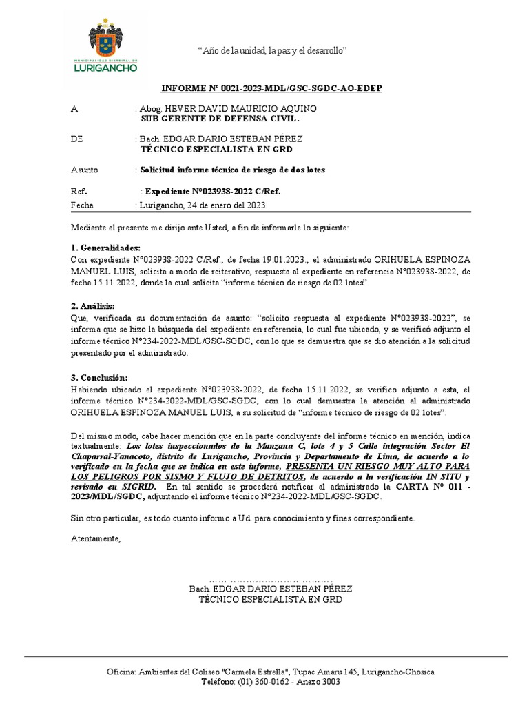 Informe 021-2023, Informe 02 Lotes | PDF Informe 021-2023, Informe 02 Lotes | PDF