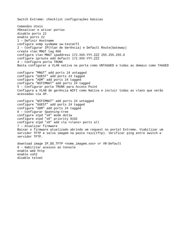 Switch Extreme - Checklist Config Básicas | PDF