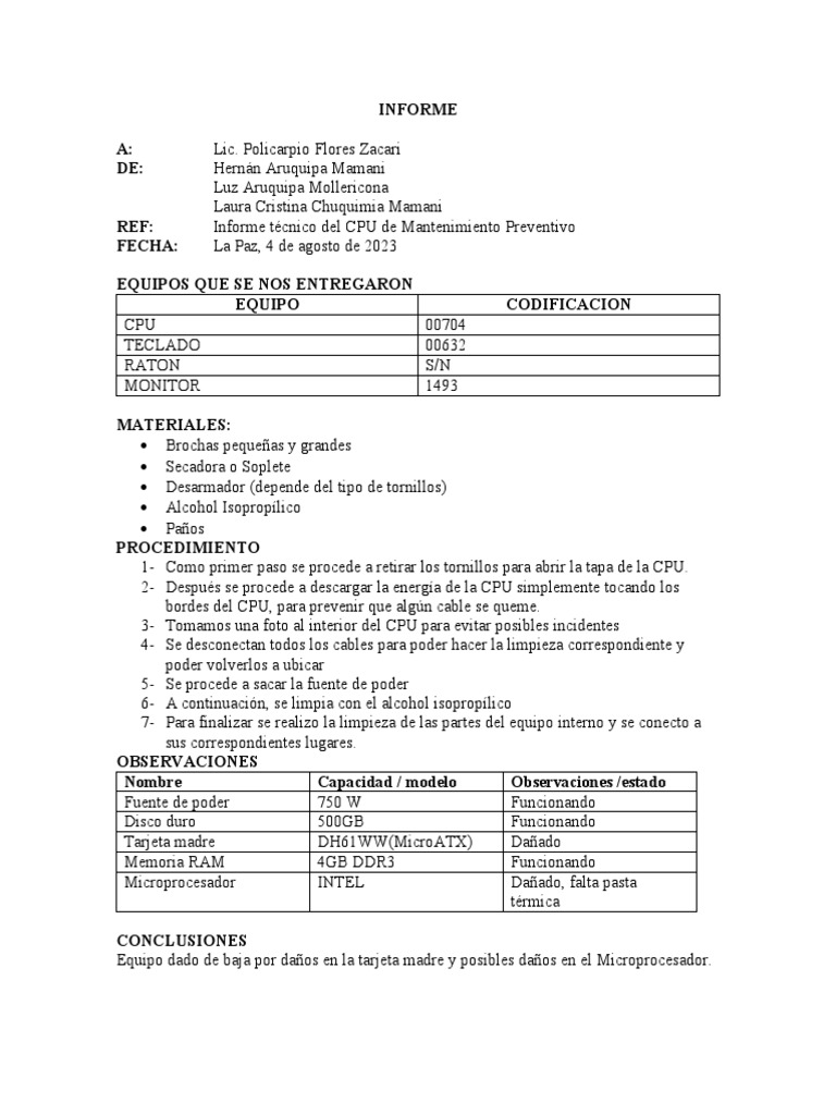 Informe Tecnico Cpu | PDF