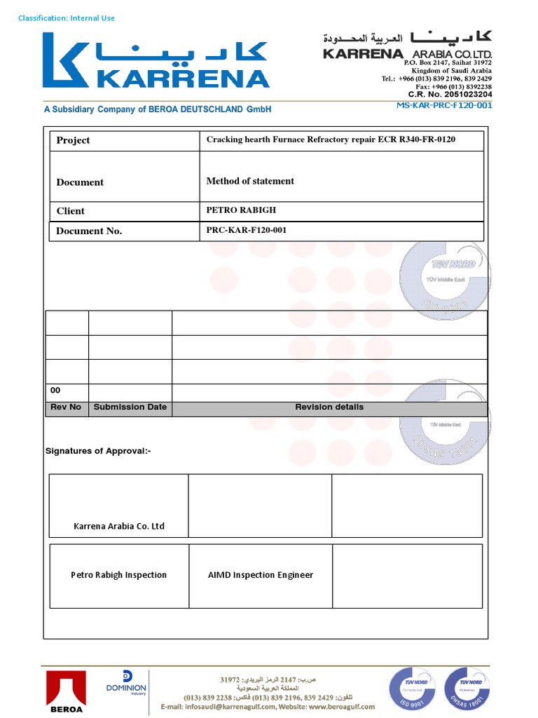 ECR - 120 Furnce Method of Statement | PDF | Refractory | Water