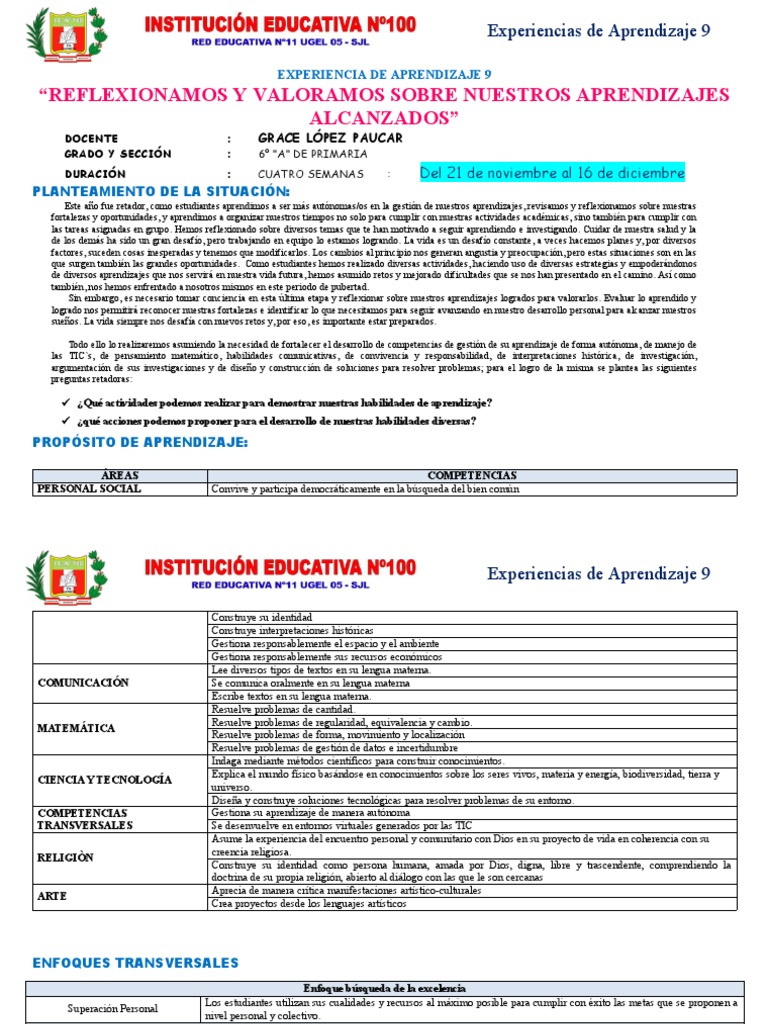 Experiencia 9 - Del 21 de Noviembre Al 16 de Diciembre | PDF | Evaluación | Aprendizaje