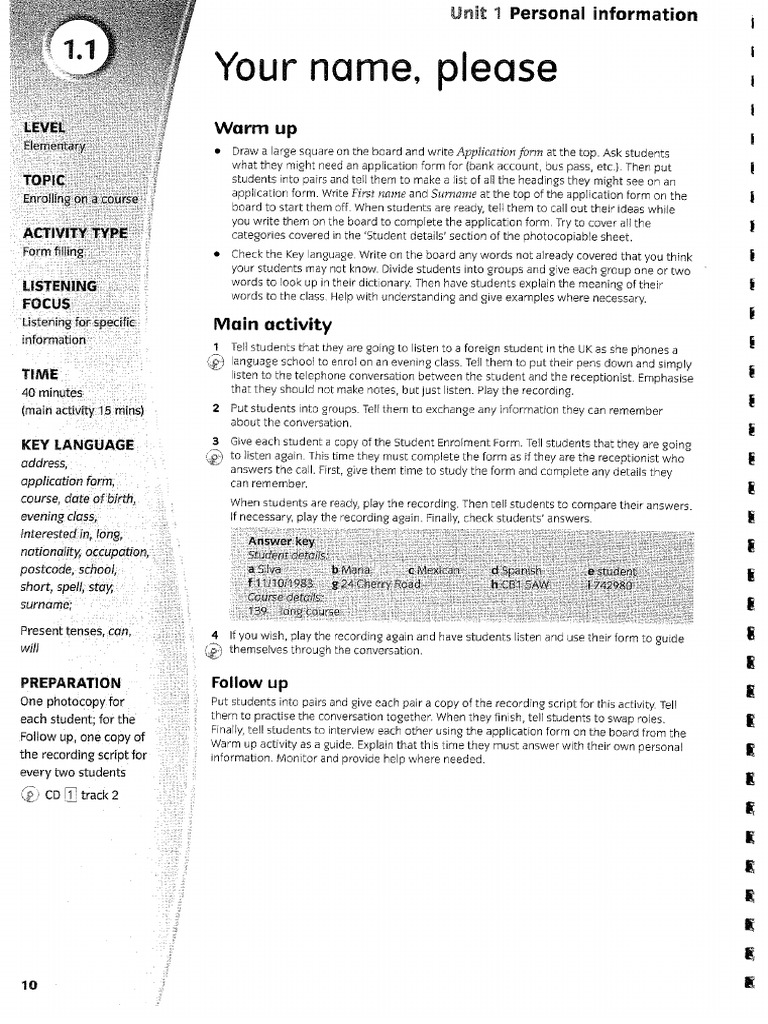 Your Name Please. Teacher's Notes | PDF