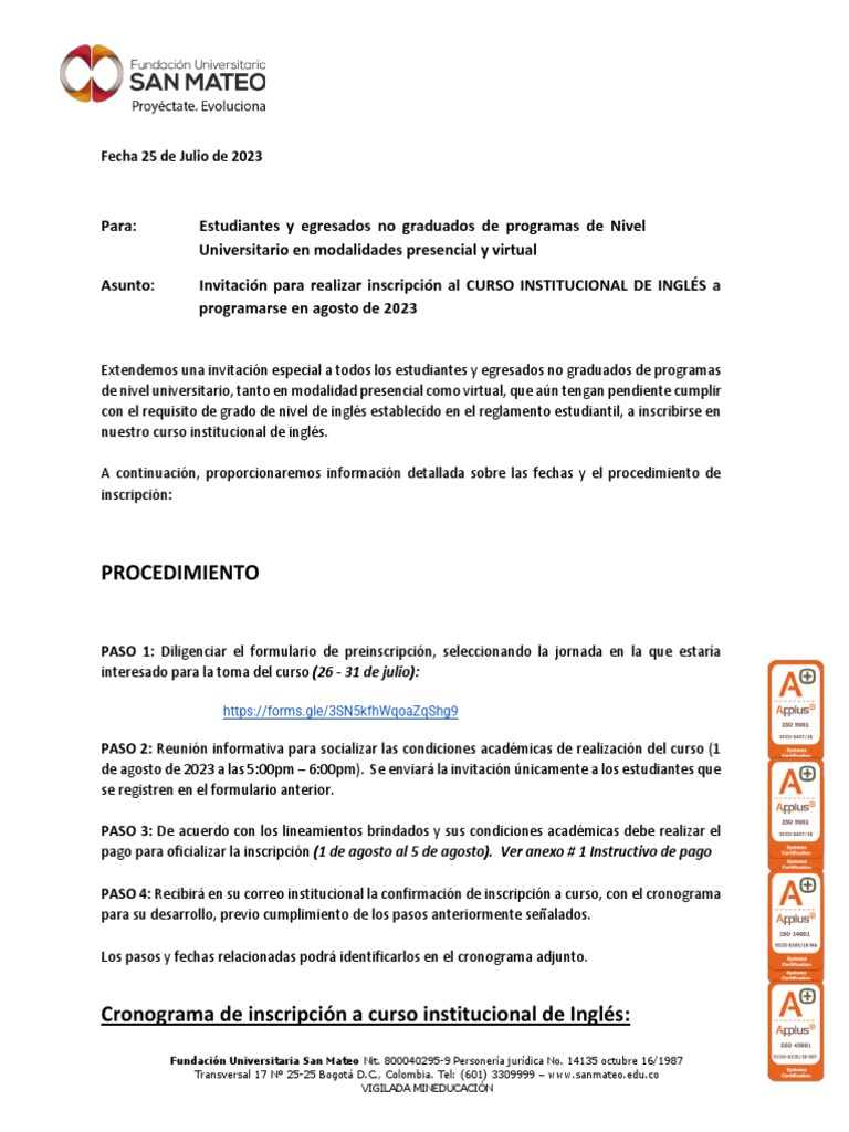 Comunicado Curso Institucional de Inglés Agosto 2023 | PDF