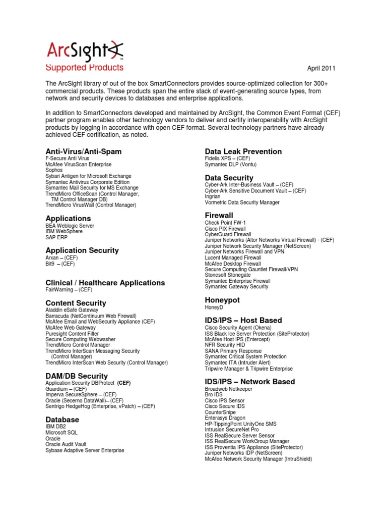 ArcSight Supported Products | PDF | Antivirus Software | Firewall ...