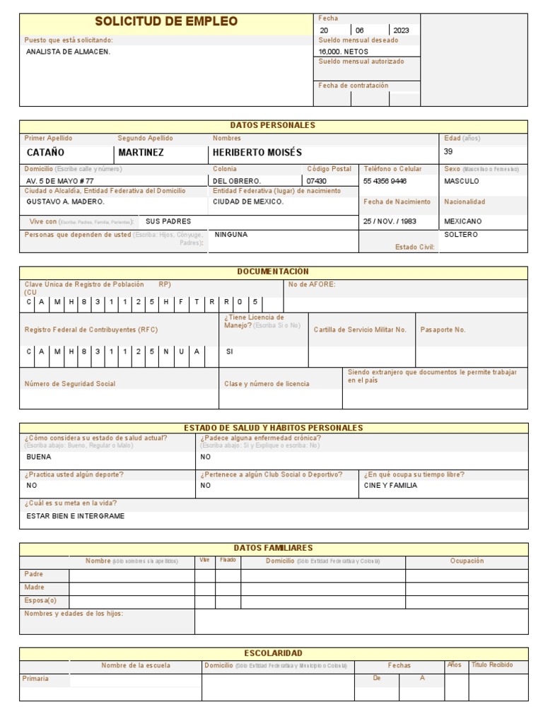 Sne Solicitud de Empleo Plantilla PDF | PDF